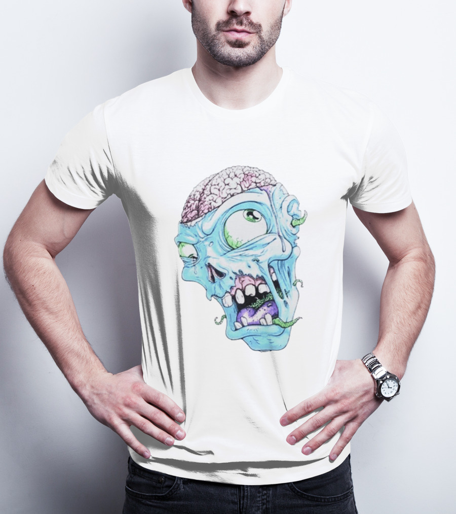 Annoyed Monster Head Zombie Skull Illustration With Exposed Brain And Worms T-Shirt