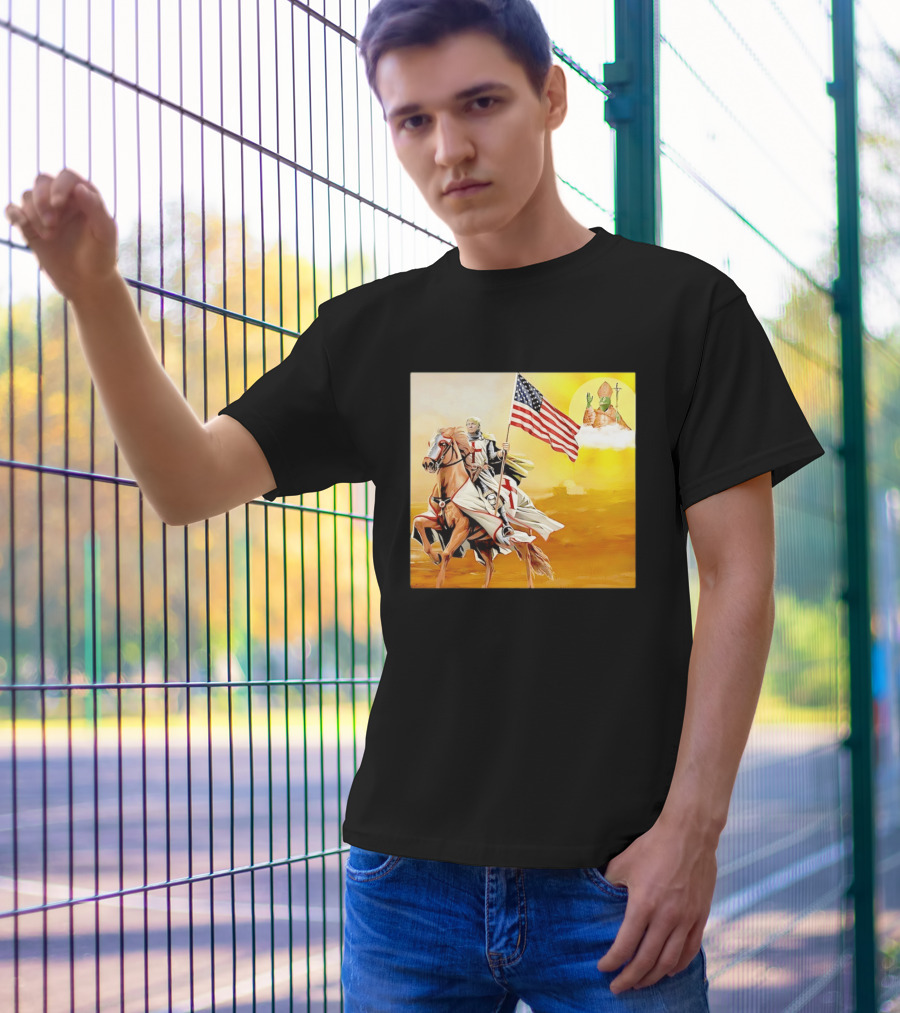 Donald Trump Crusader Knight With American Flag Riding Horse T-Shirt