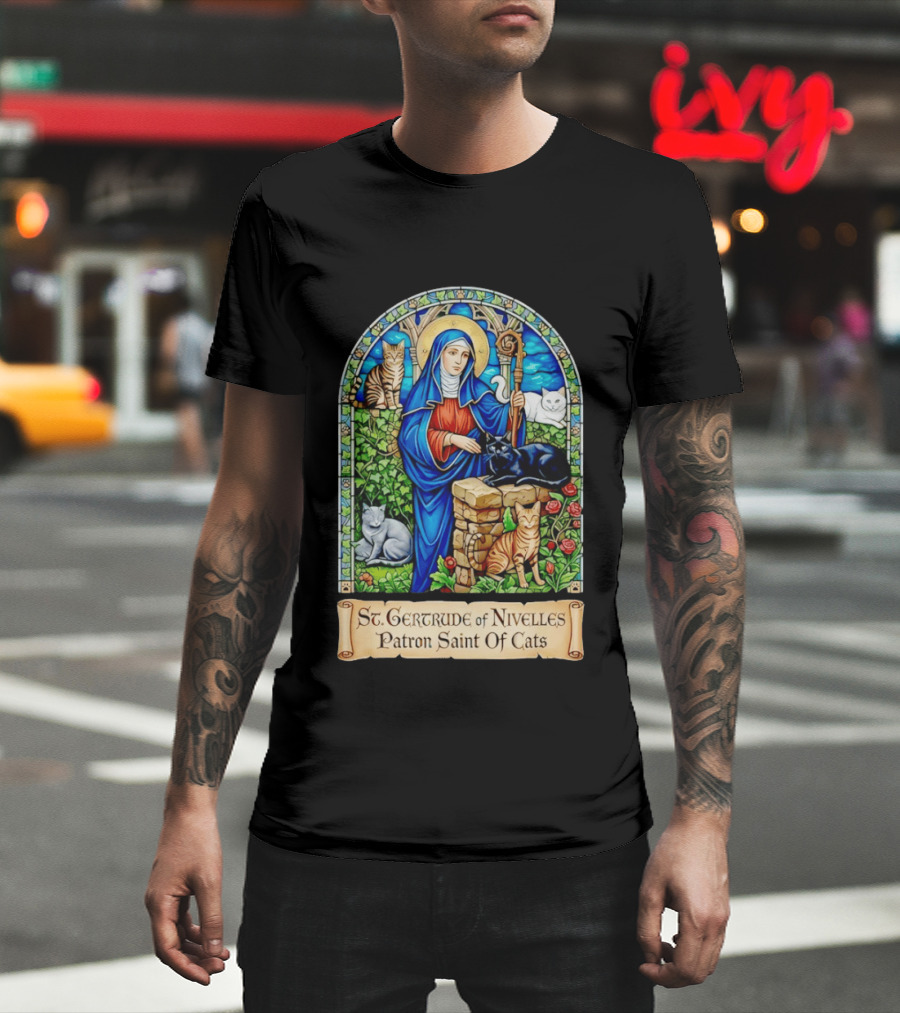 St. Gertrude Of Nivelles Patron Saint Of Cats Iconic Stained Glass Cat T-Shirt
