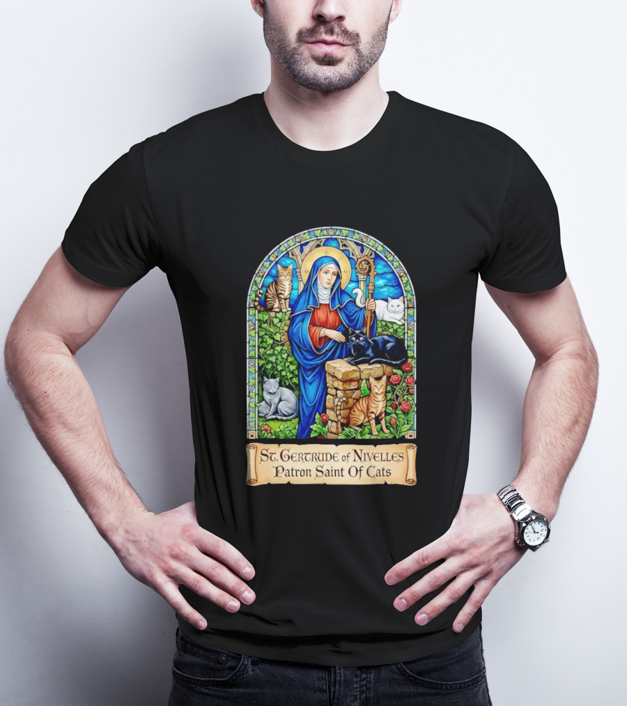 St. Gertrude Of Nivelles Patron Saint Of Cats Iconic Stained Glass Cat T-Shirt