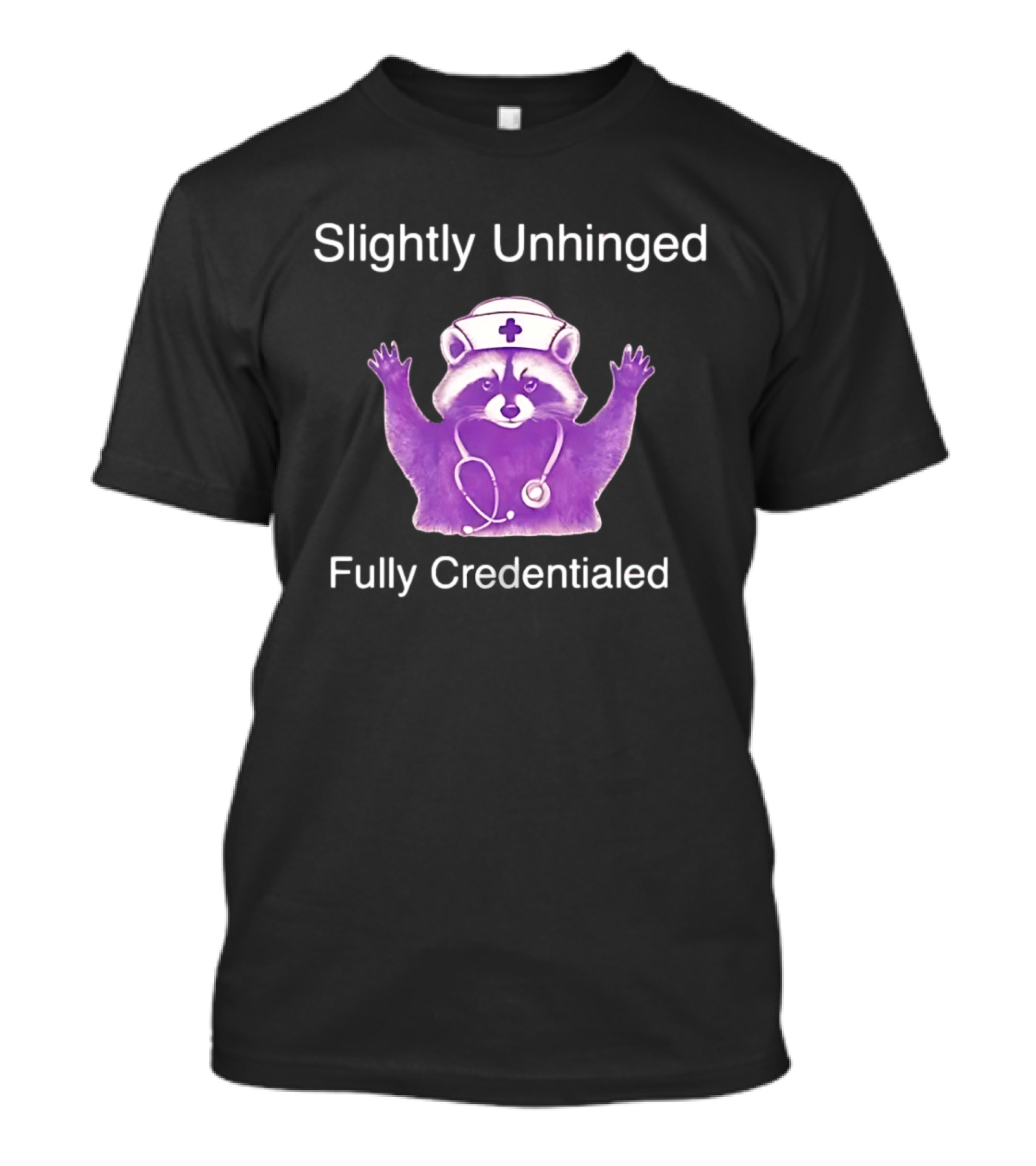 Raccoon Nurse Stethoscope Slightly Unhinged Fully Credentialed T-Shirt
