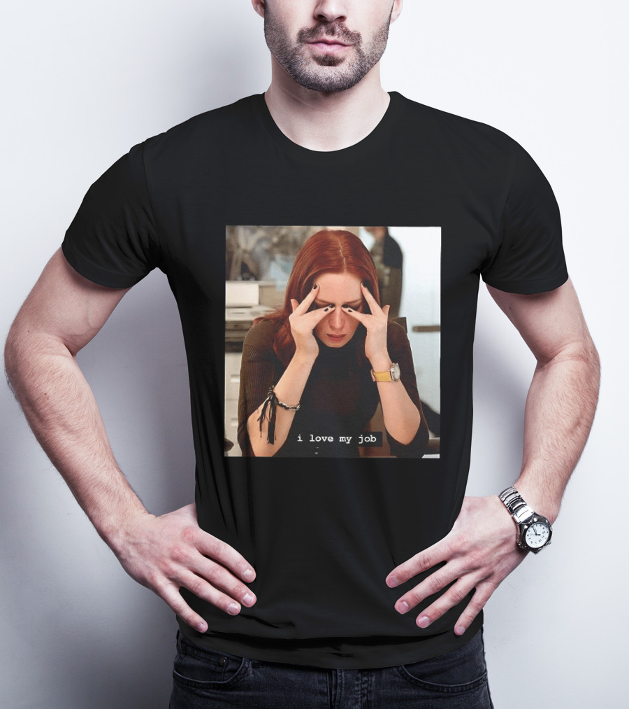 I Love My Job Stressed Woman With Red Hair Black Nails Yellow T-Shirt