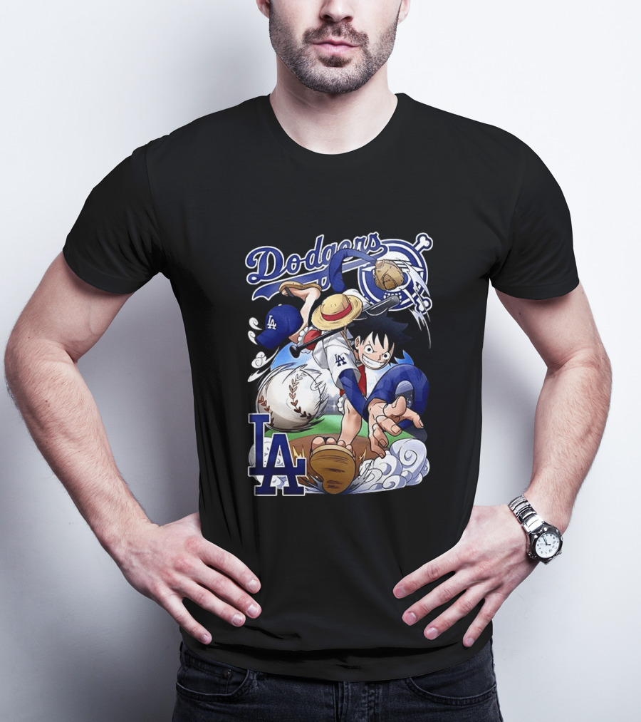 Luffy Los Angeles Dodgers One Piece Anime Crossover MLB Collaboration T-Shirt
