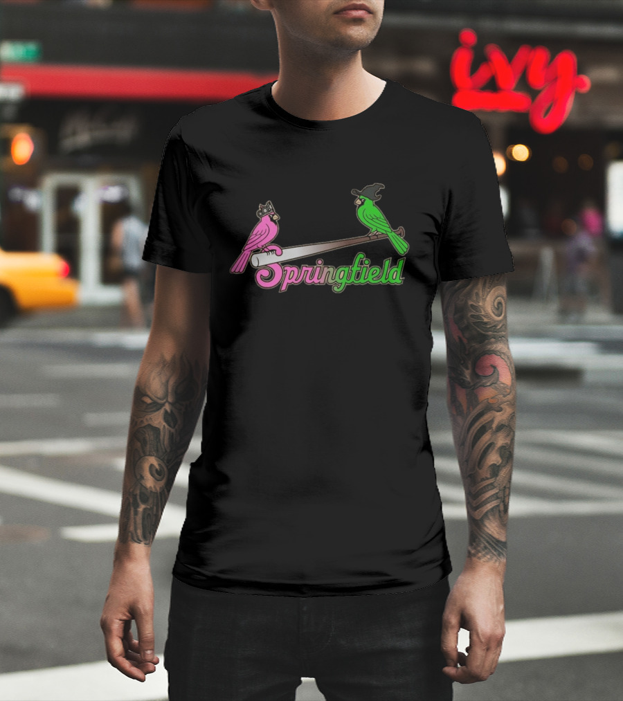 Springfield Cardinals Pink And Green Birds With Crown And Witch Hat Baseball Bat T-Shirt