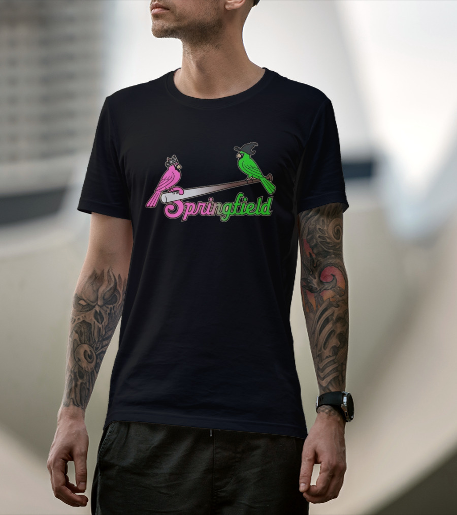 Springfield Cardinals Pink And Green Birds With Crown And Witch Hat Baseball Bat T-Shirt