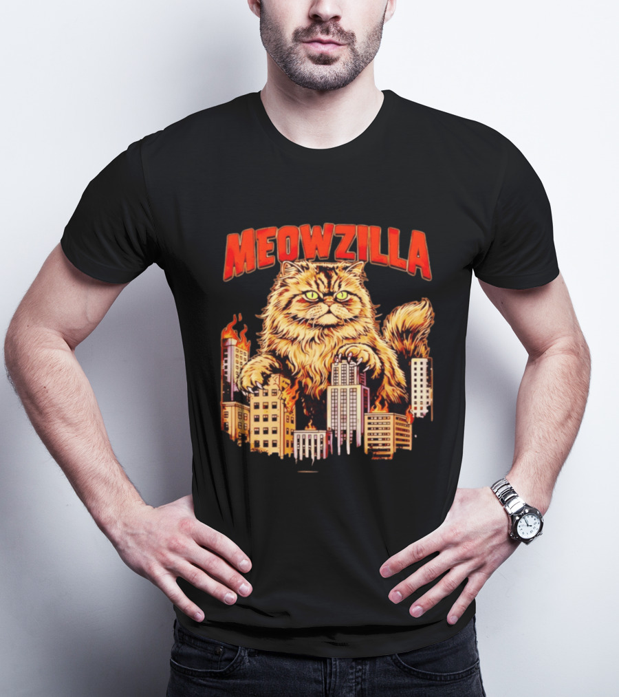 Meowzilla Giant Cat Rampage Over Burning City Skyline T-Shirt