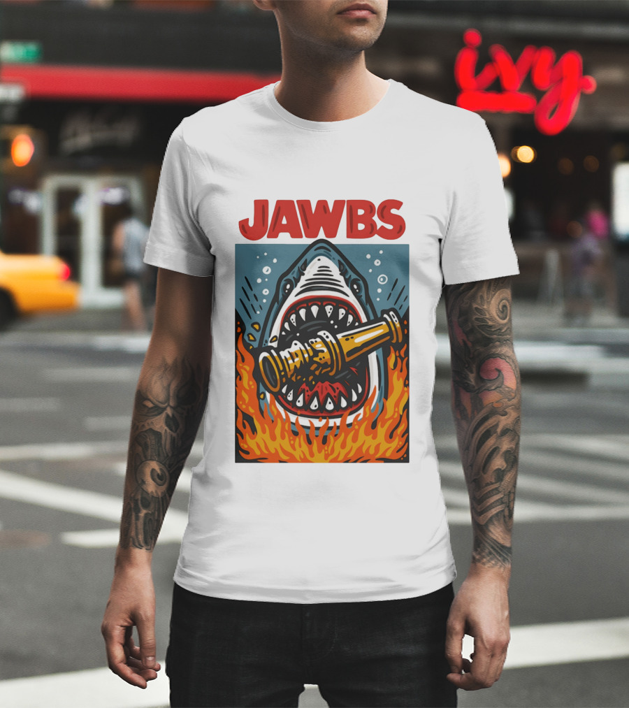 JAWS Jawbs Shark Biting Fire Hose Surrounded By Flames T-Shirt