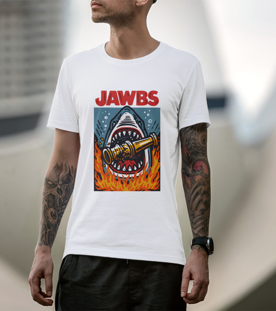 JAWS Jawbs Shark Biting Fire Hose Surrounded By Flames T-Shirt