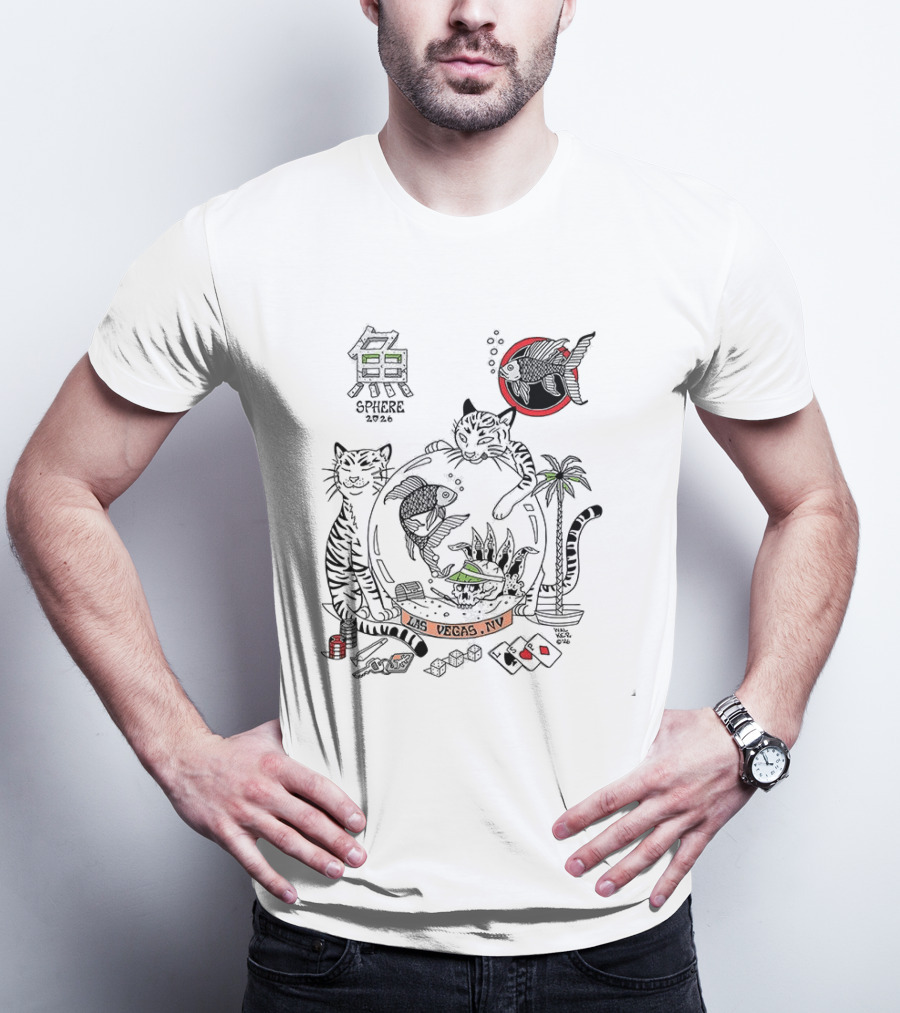 Sphere 2026 Vegas Cats And Aquatic Scene With Fish, Palm Trees, And Dice T-Shirt