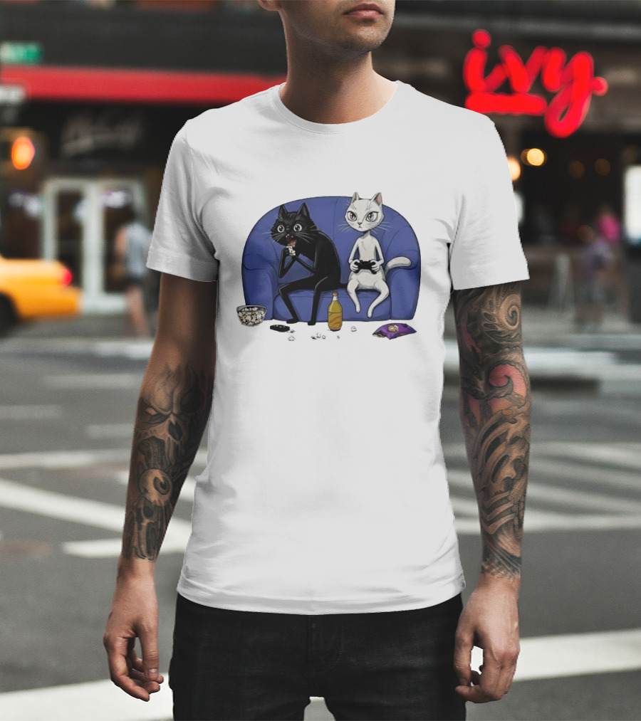 Two Cats One Couch Endless Fun Playing Games With Snacks And Popcorn T-Shirt