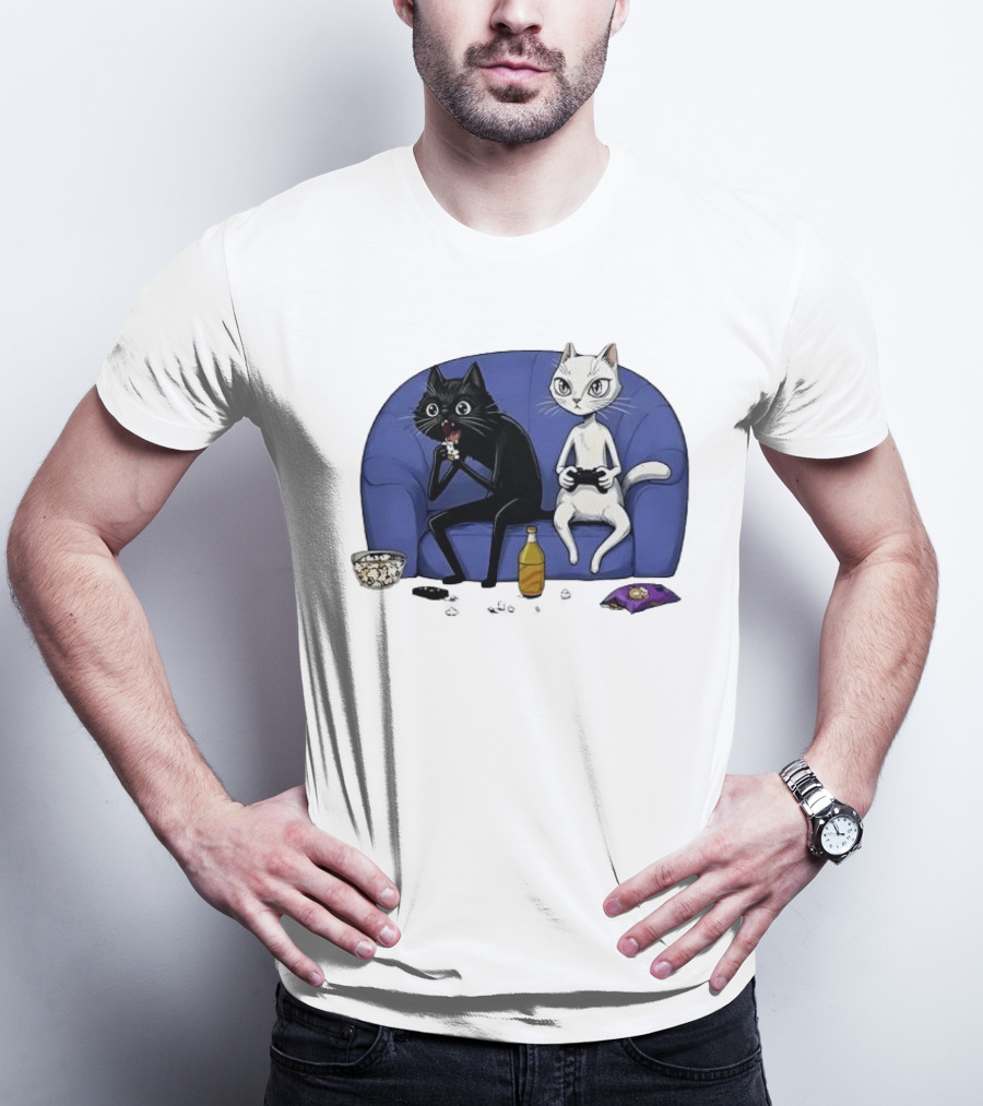 Two Cats One Couch Endless Fun Playing Games With Snacks And Popcorn T-Shirt