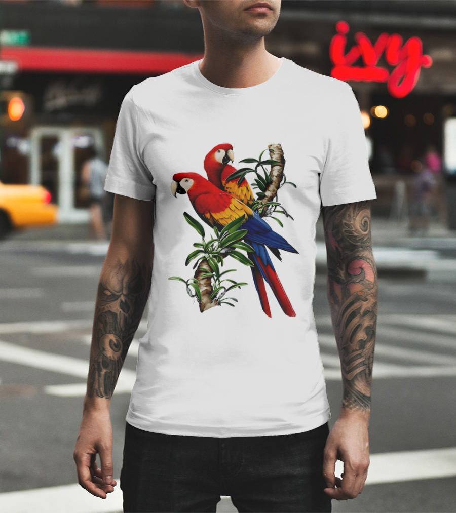 Parrot On Bret's Scarlet Macaw Tropical Branches T-Shirt