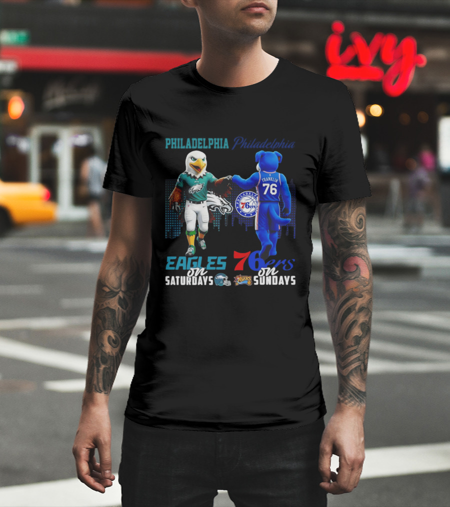 Philadelphia Eagles Vs 76ers Franklin Mascots Saturdays Sundays City Skyline T-Shirt