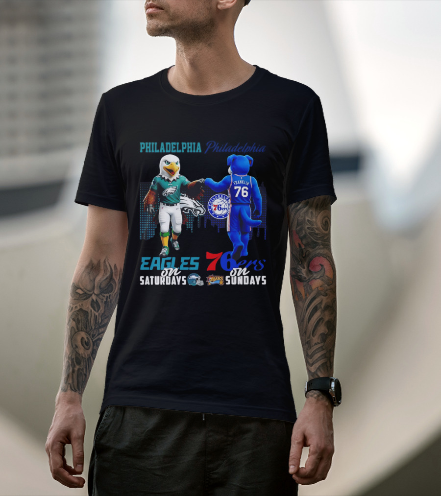 Philadelphia Eagles Vs 76ers Franklin Mascots Saturdays Sundays City Skyline T-Shirt