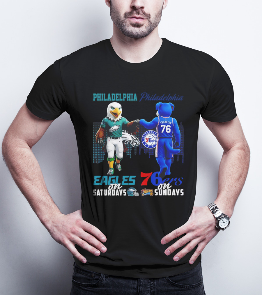 Philadelphia Eagles Vs 76ers Franklin Mascots Saturdays Sundays City Skyline T-Shirt