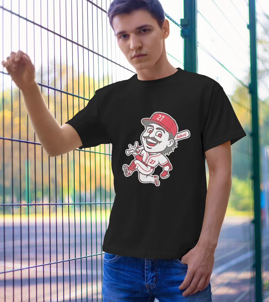Cincinnati Reds Sal Stewart Number 27 Cartoon Player With Salbert Bat T-Shirt