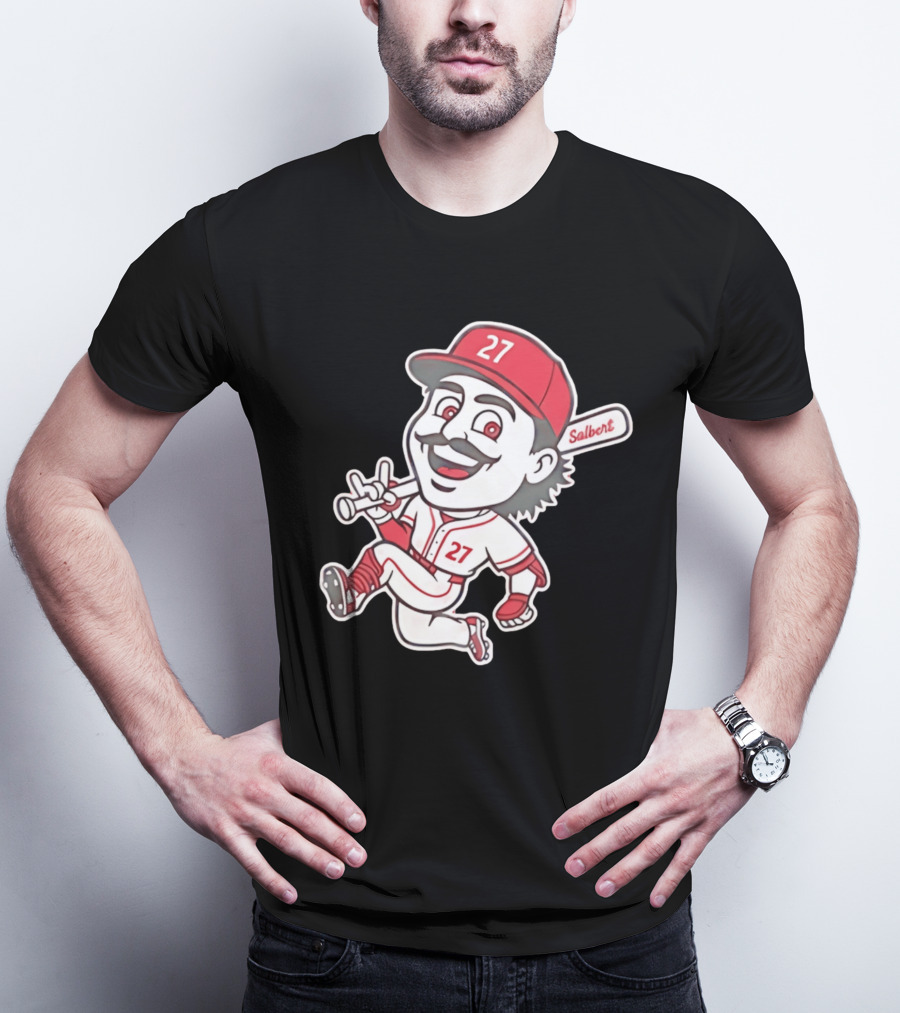 Cincinnati Reds Sal Stewart Number 27 Cartoon Player With Salbert Bat T-Shirt