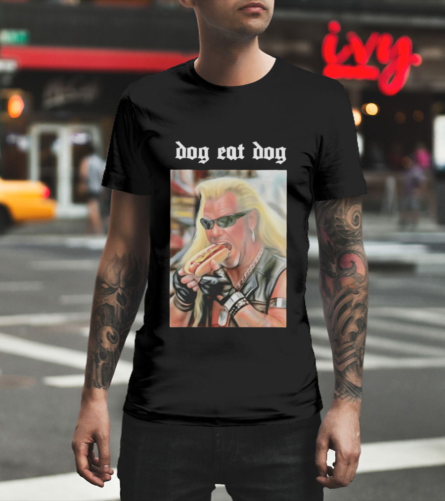 Dog Eat Dog Man Eating Hot Dog Sunglasses Blonde Long Hair T-Shirt