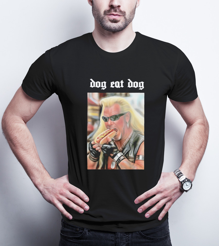 Dog Eat Dog Man Eating Hot Dog Sunglasses Blonde Long Hair T-Shirt