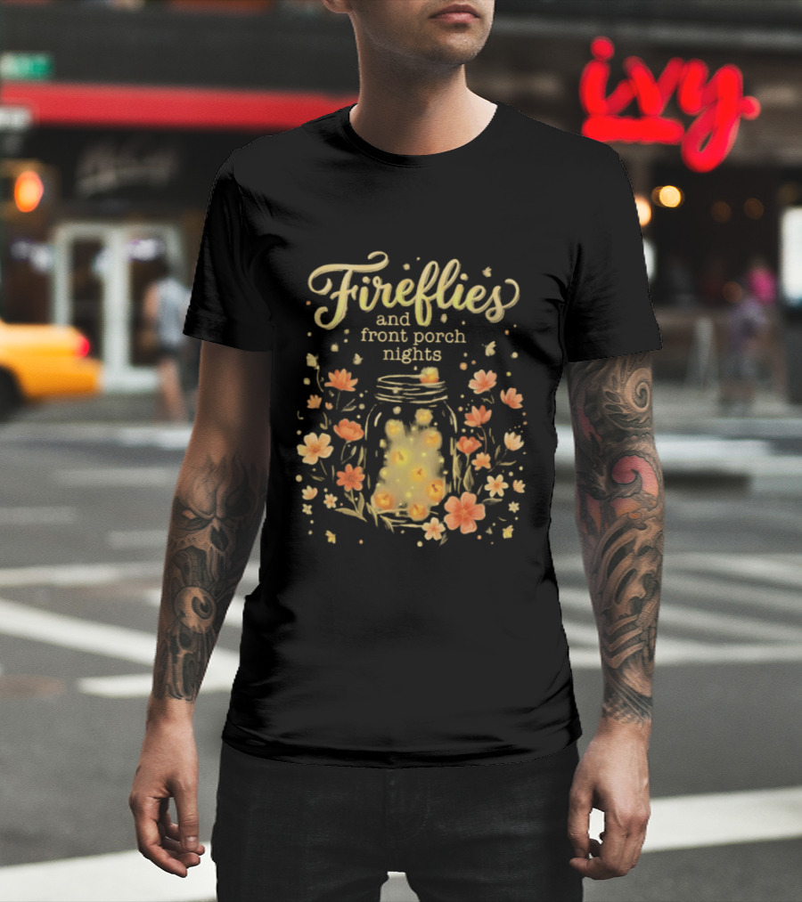Fireflies And Front Porch Nights Rustic Mason Jar Fireflies Floral T-Shirt
