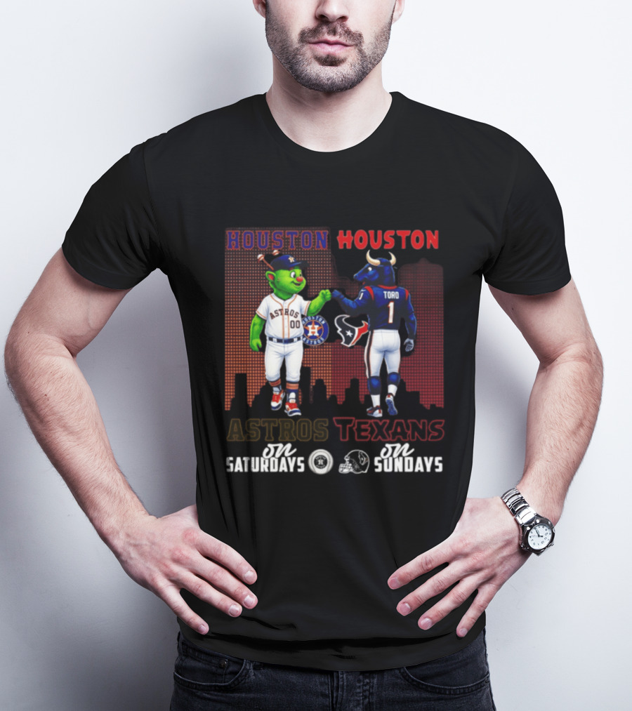 Houston Astros Orbit And Houston Texans Toro Skyline Saturdays Vs Sundays T-Shirt