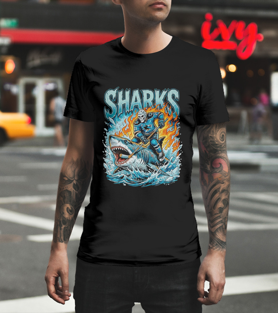 San Jose Sharks Hockey Player Riding Shark With Flames And Ice T-Shirt