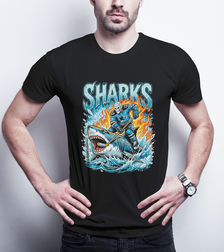 San Jose Sharks Hockey Player Riding Shark With Flames And Ice T-Shirt