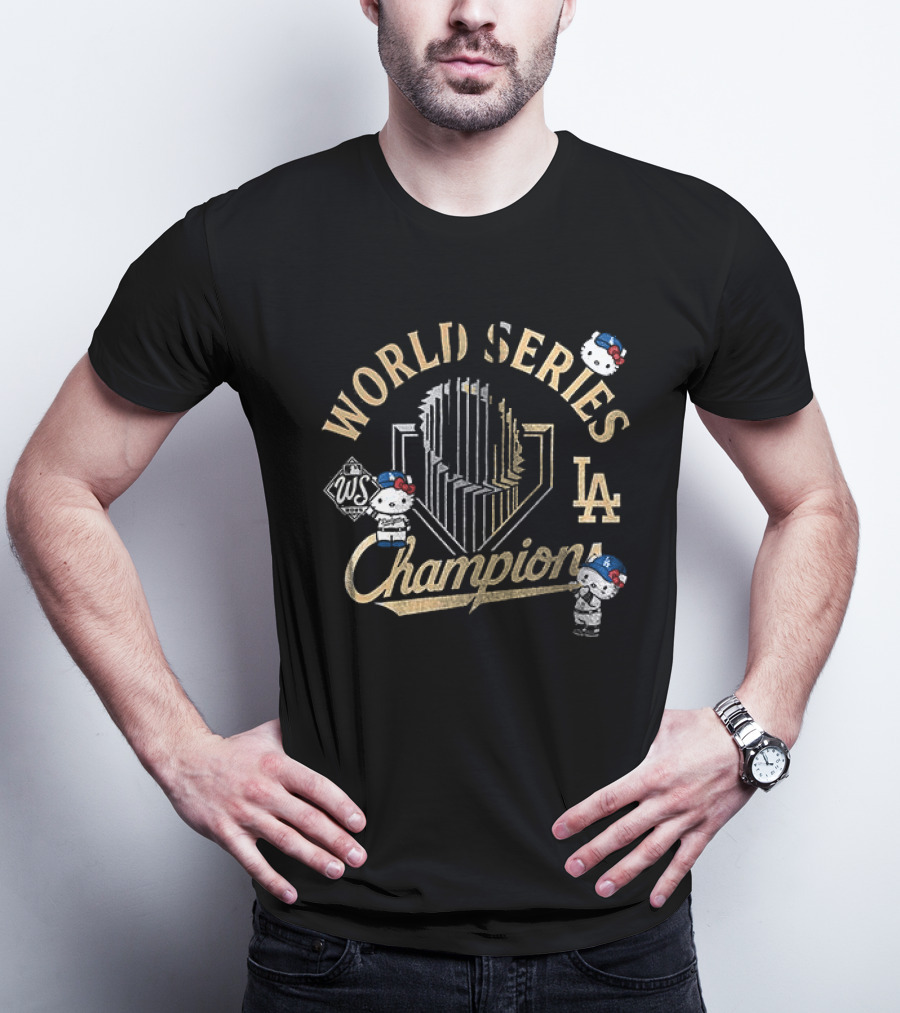 Los Angeles Dodgers World Series Champions Yoshinobu Yamamoto X Hello Kitty Golden Trophy T-Shirt