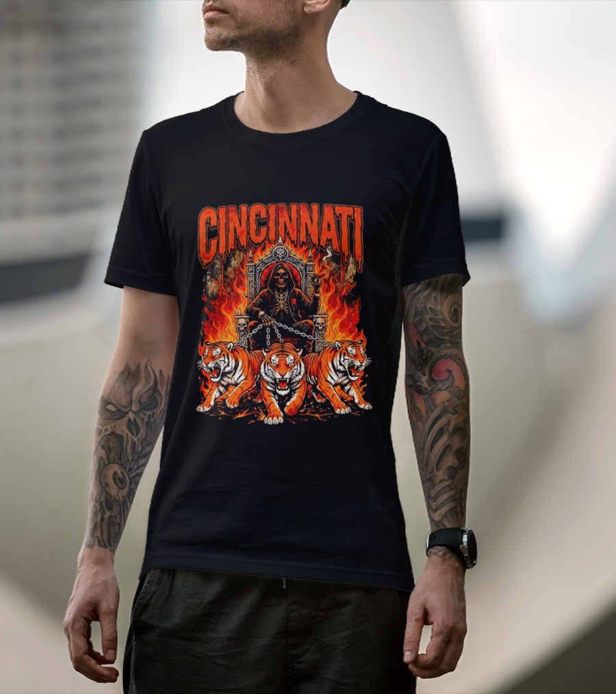 Cincinnati Skull Tiger Throne Fire Chains T-Shirt