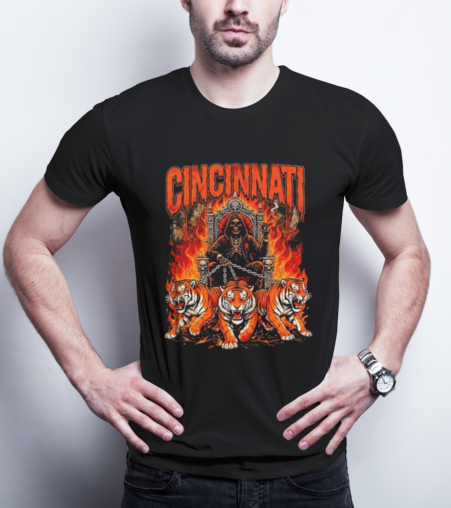 Cincinnati Skull Tiger Throne Fire Chains T-Shirt
