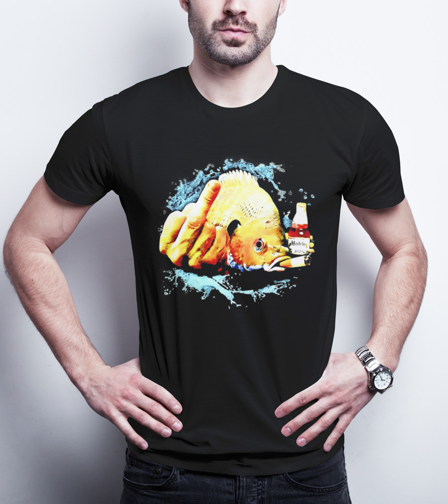 Modelo Beer Fish Smoking Cigarette Middle Finger T-Shirt