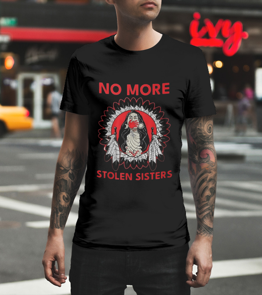 No More Stolen Sisters Awareness Symbol Empowerment Indigenous Rights Red Handprint Feather T-Shirt