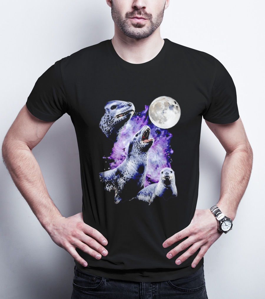 Three Leopard Seals Under Moonlight With Starry Purple Night Sky T-Shirt