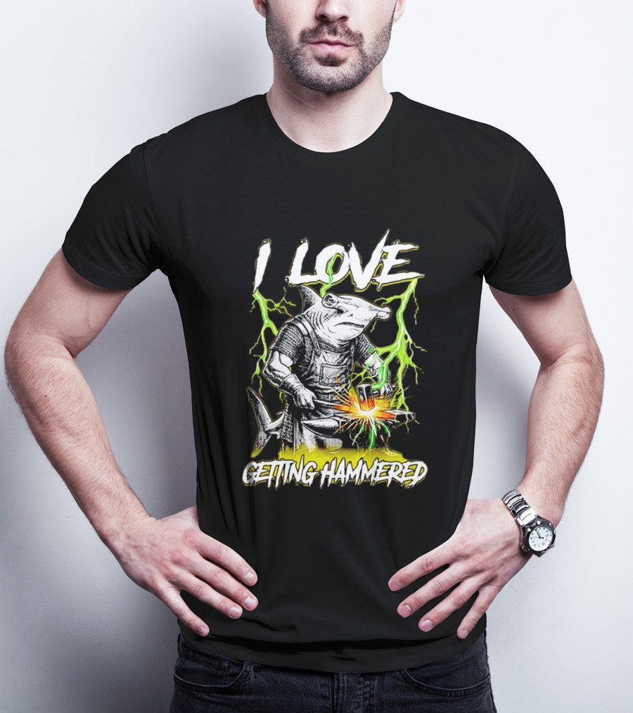 I Love Getting Hammered Hammerhead Shark Lightning Blacksmith Hammering T-Shirt