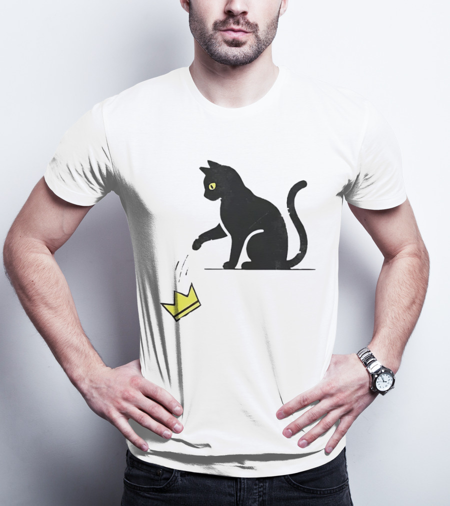 Cat Knocking Crown Anti King Humor Black Cat Yellow Eyes T-Shirt