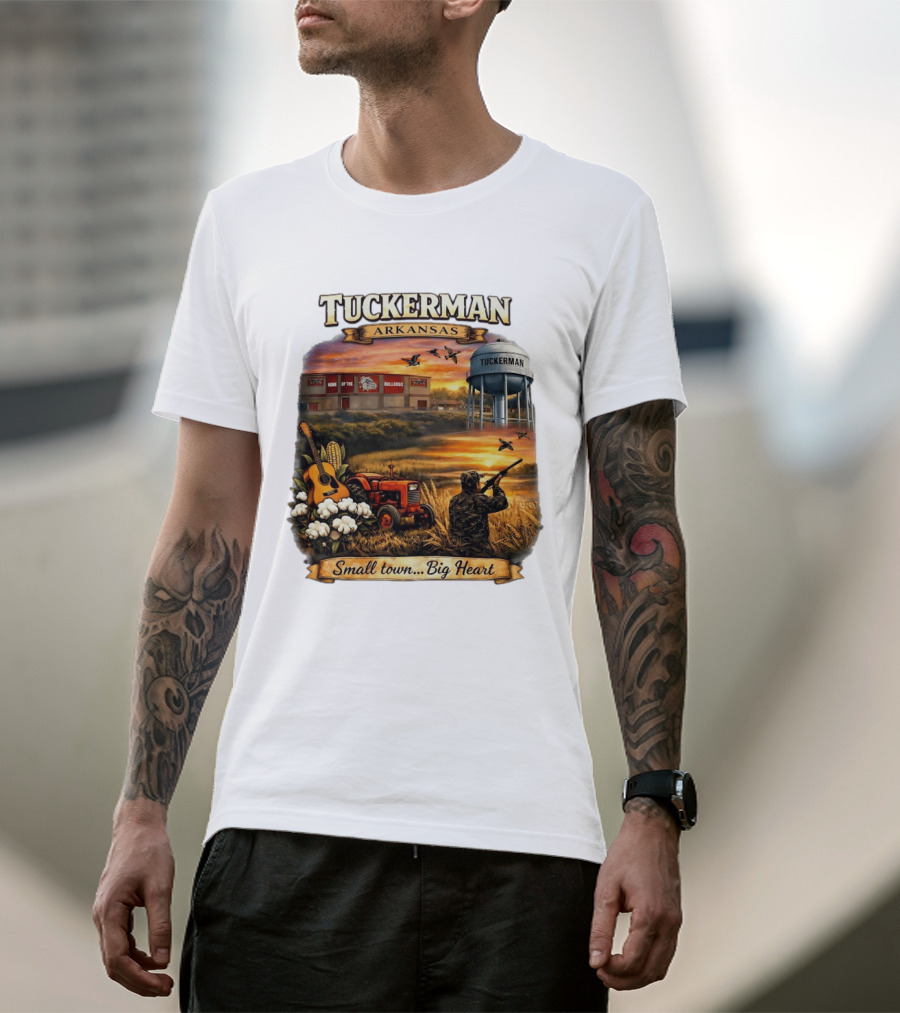 Tuckerman Arkansas Home Of The Bulldogs Water Tower Small Town Big Heart Tractor Hunter Guitar T-Shirt