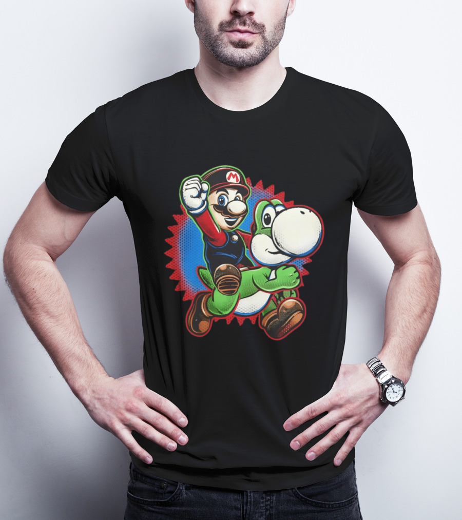 Mario And Yoshi Ride The Green Dino Classic Cartoon Adventure T-Shirt
