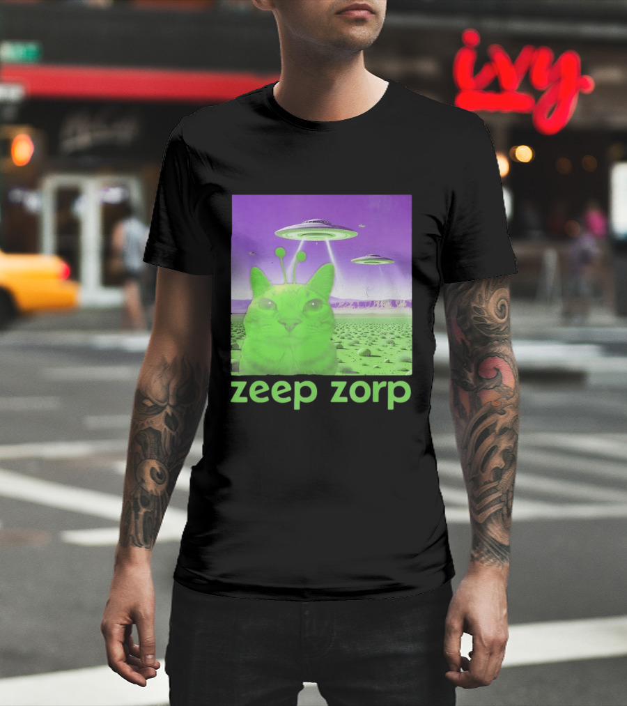 Zeep Zorp Green Cat Alien With UFOs In Space Desert Scenery T-Shirt