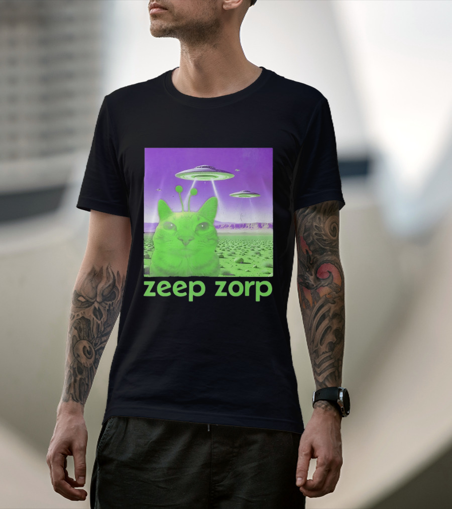 Zeep Zorp Green Cat Alien With UFOs In Space Desert Scenery T-Shirt