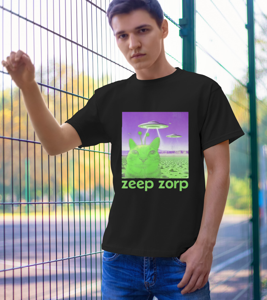 Zeep Zorp Green Cat Alien With UFOs In Space Desert Scenery T-Shirt