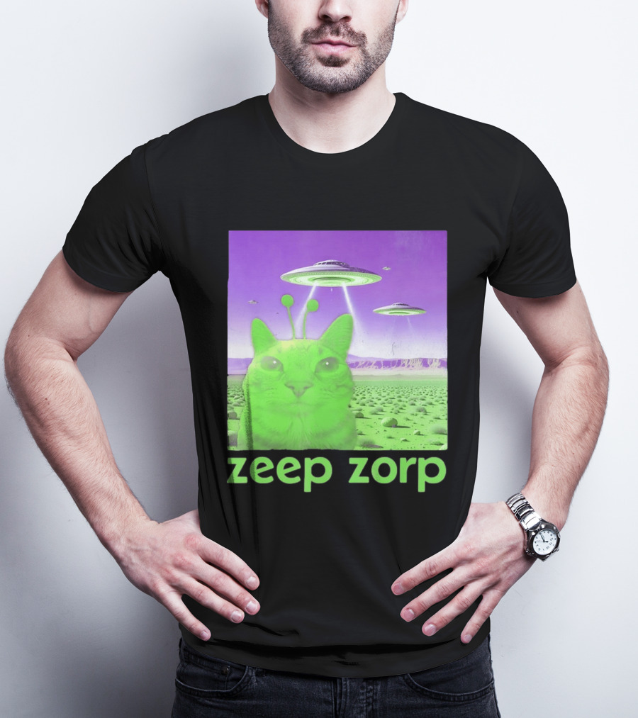 Zeep Zorp Green Cat Alien With UFOs In Space Desert Scenery T-Shirt