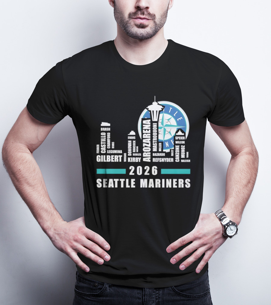2026 Seattle Mariners City Connect Skyline With Player Names And Space Needle T-Shirt