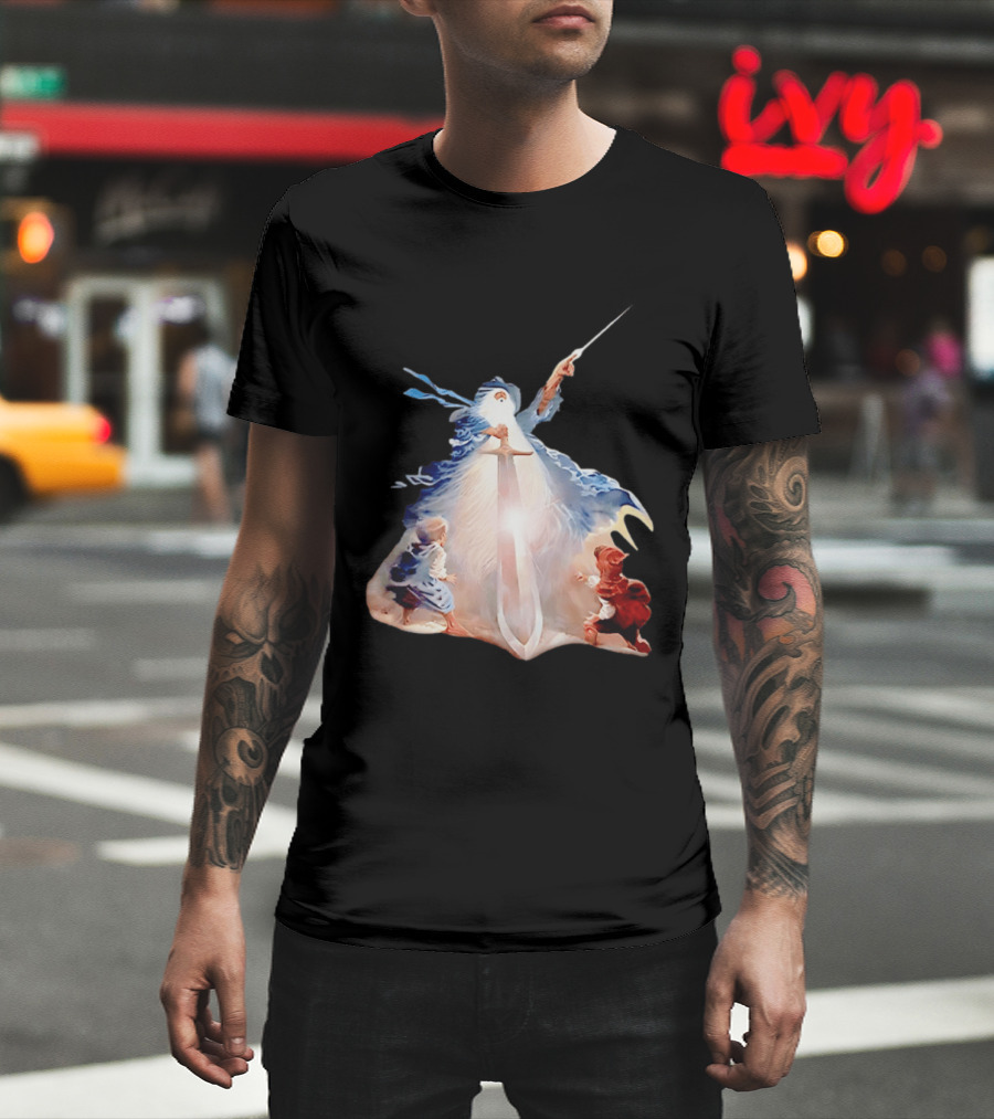 The Lord Of The Rings Gandalf And Hobbits Magic Sword Fantasy Scene T-Shirt
