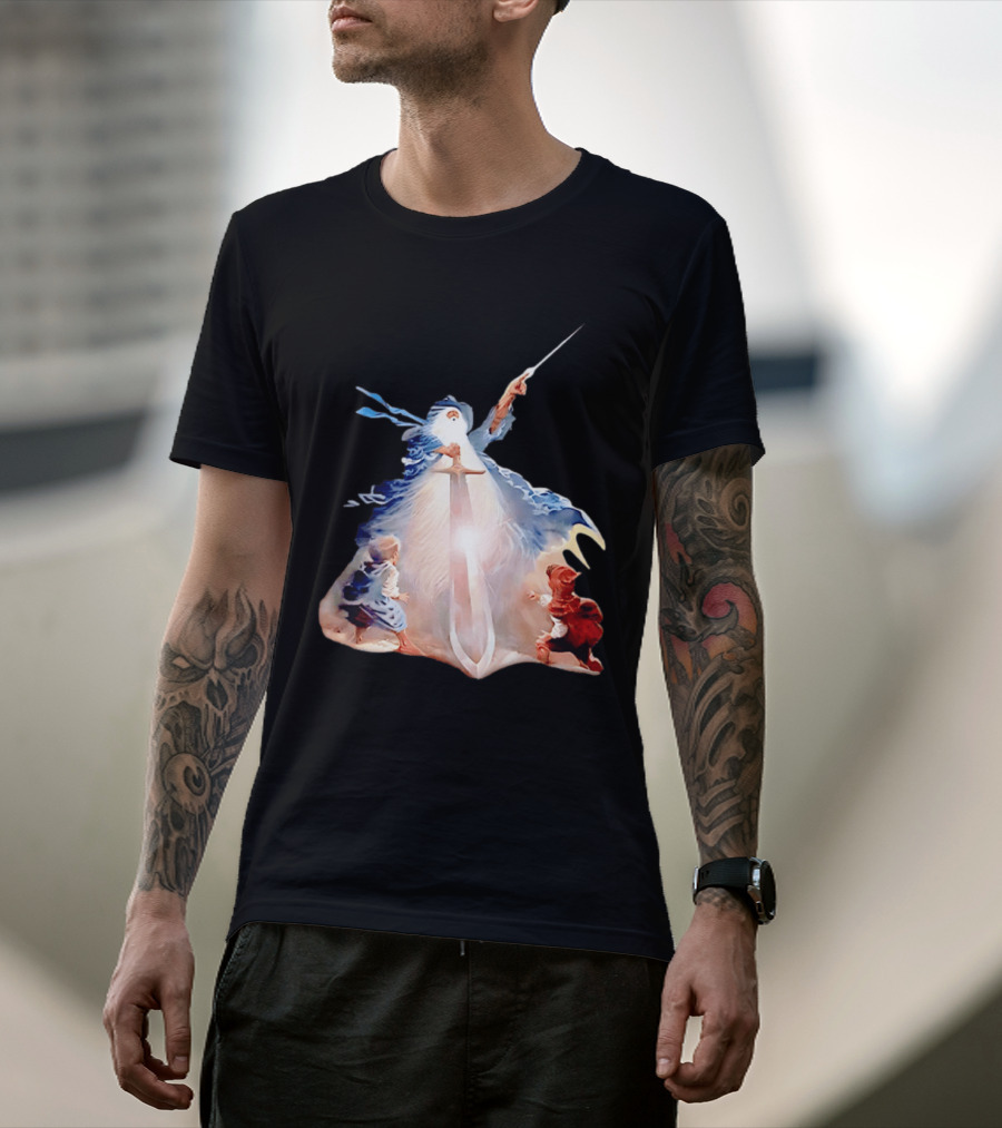 The Lord Of The Rings Gandalf And Hobbits Magic Sword Fantasy Scene T-Shirt