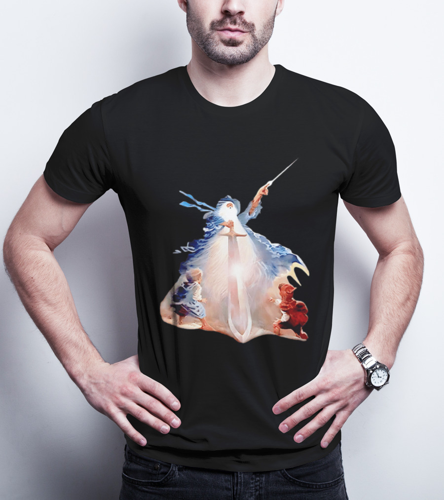 The Lord Of The Rings Gandalf And Hobbits Magic Sword Fantasy Scene T-Shirt