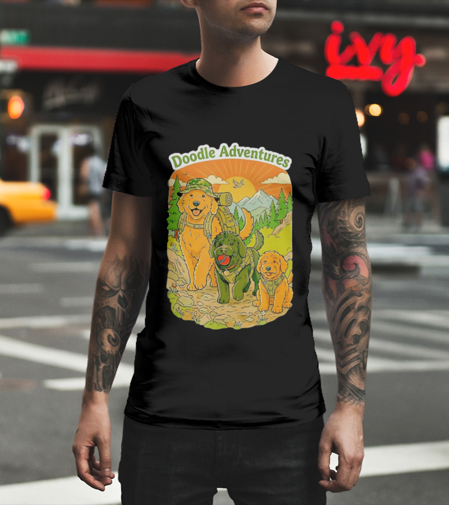Doodle Adventures Three Dogs Picnic Adventure Sunset T-Shirt