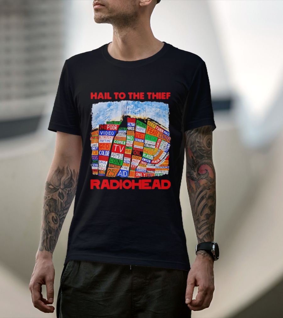 Radiohead Hail To The Thief Album Cover Colorful Text Collage 24HR TV 25 Aid T-Shirt