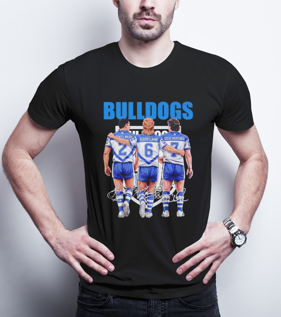 Hazem El Masri Terry Lamb Steve Mortimer Canterbury Bankstown Bulldogs Legends Signatures T-Shirt