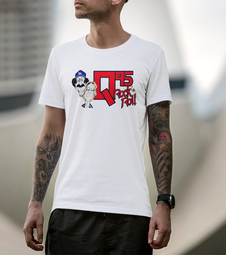Q95 Rock 'n Roll Characters Wearing LA Dodgers Hat T-Shirt