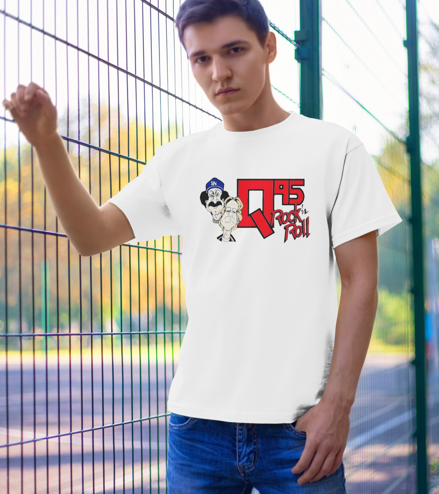 Q95 Rock 'n Roll Characters Wearing LA Dodgers Hat T-Shirt